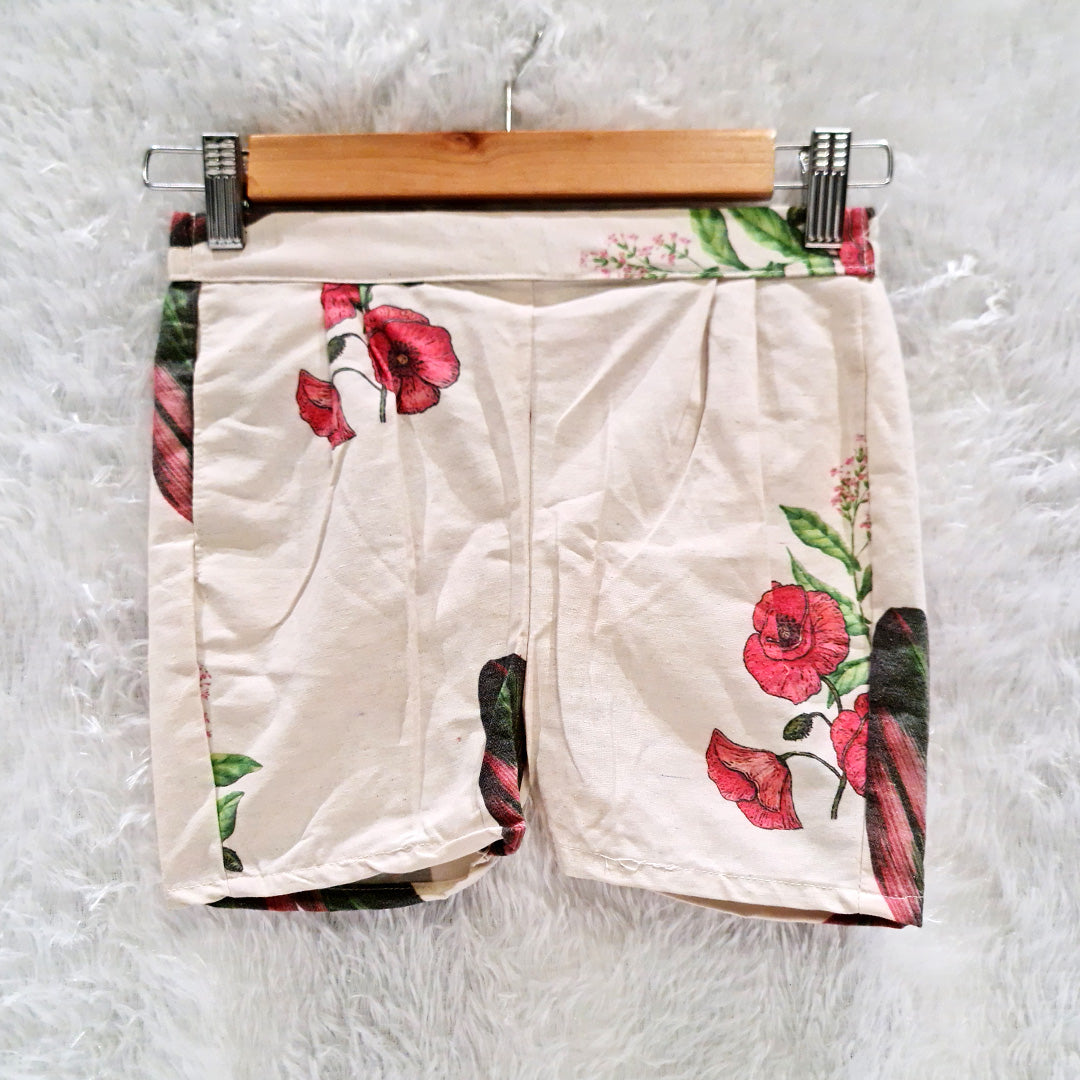 Biege Linen Printed Two Piece Shorts And Shirt Set